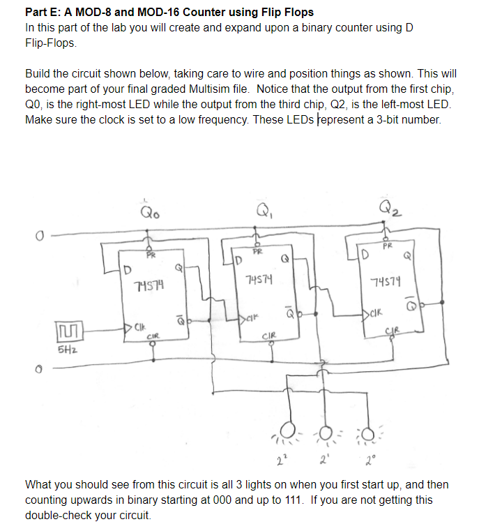 Part E: A MOD-8 and MOD-16 Counter using Flip Flops | Chegg.com