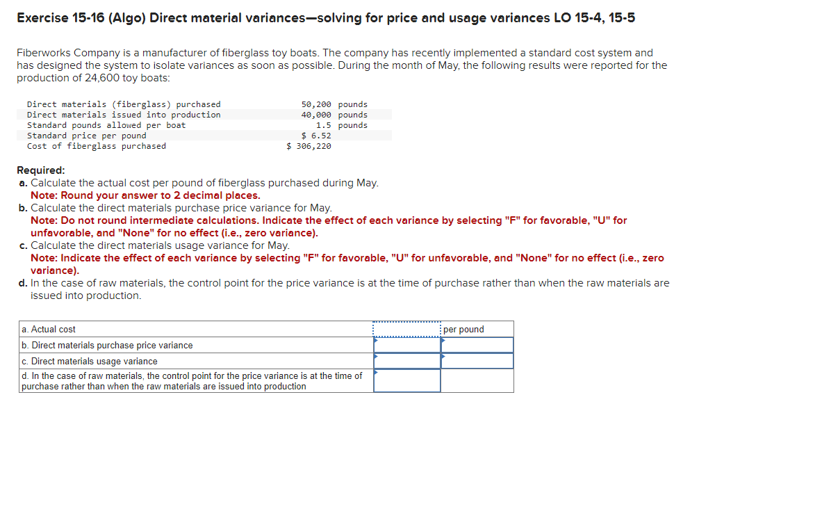 Solved Exercise 15-16 (Algo) Direct material | Chegg.com