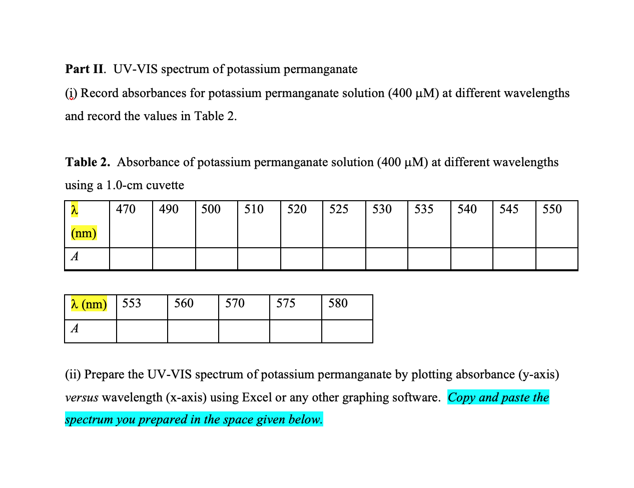 Solved Part II. ﻿UV-VIS spectrum of potassium | Chegg.com