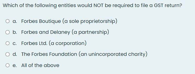 Solved Which of the following entities would NOT be required | Chegg.com