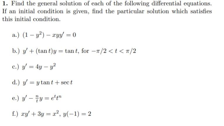 Solved 1. Find the general solution of each of the following | Chegg.com