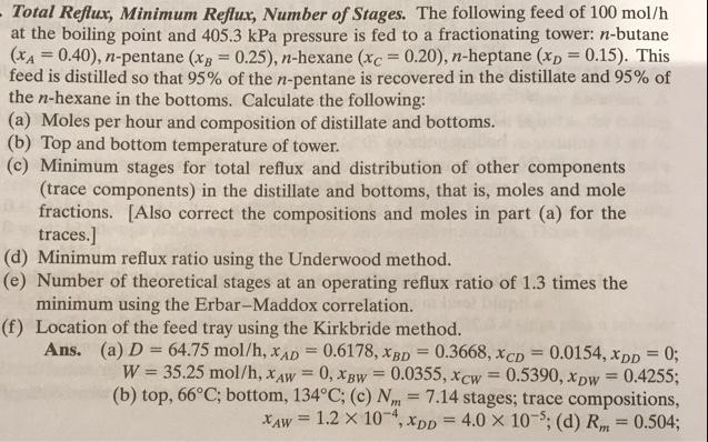 Solved Total Reflux, Minimum Reflux, Number of Stages. The | Chegg.com