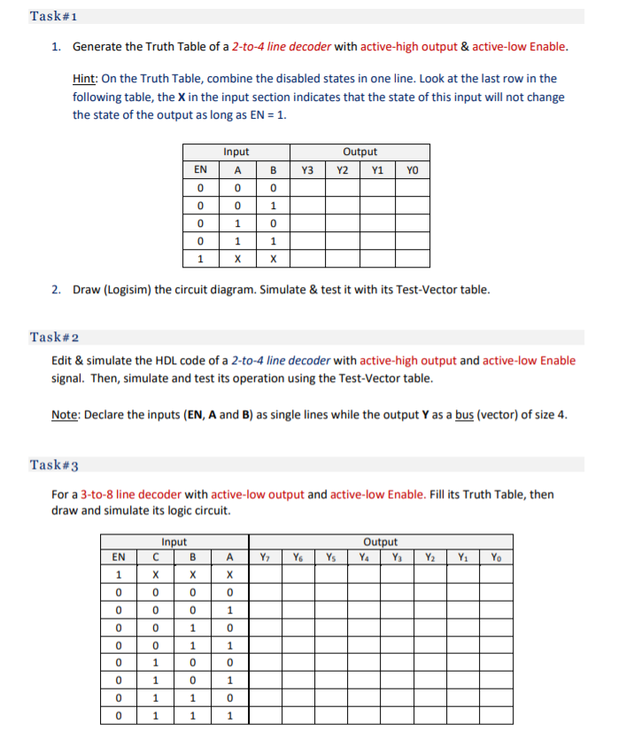 Solved Task#1 1. Generate the Truth Table of a 2-to-4 line | Chegg.com