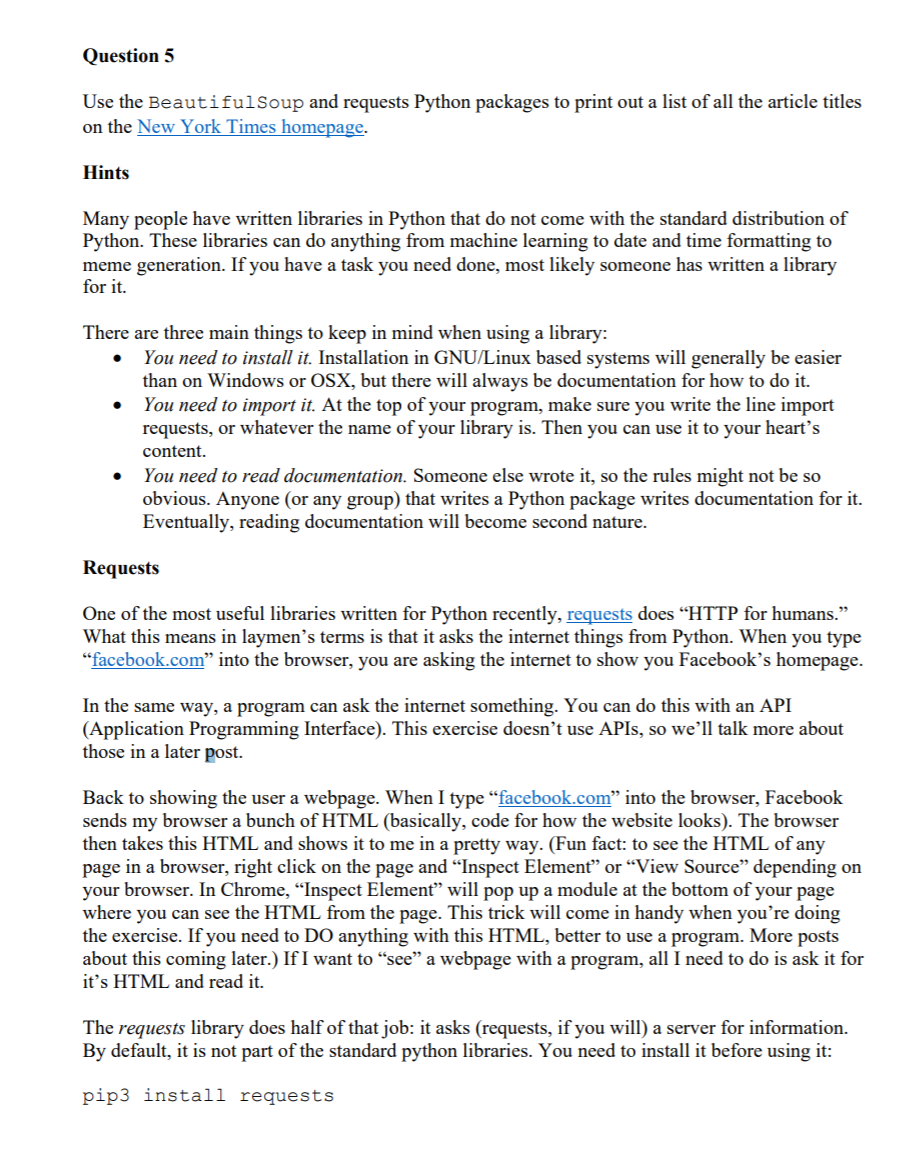 Question 5 Use the BeautifulSoup and requests Python | Chegg.com