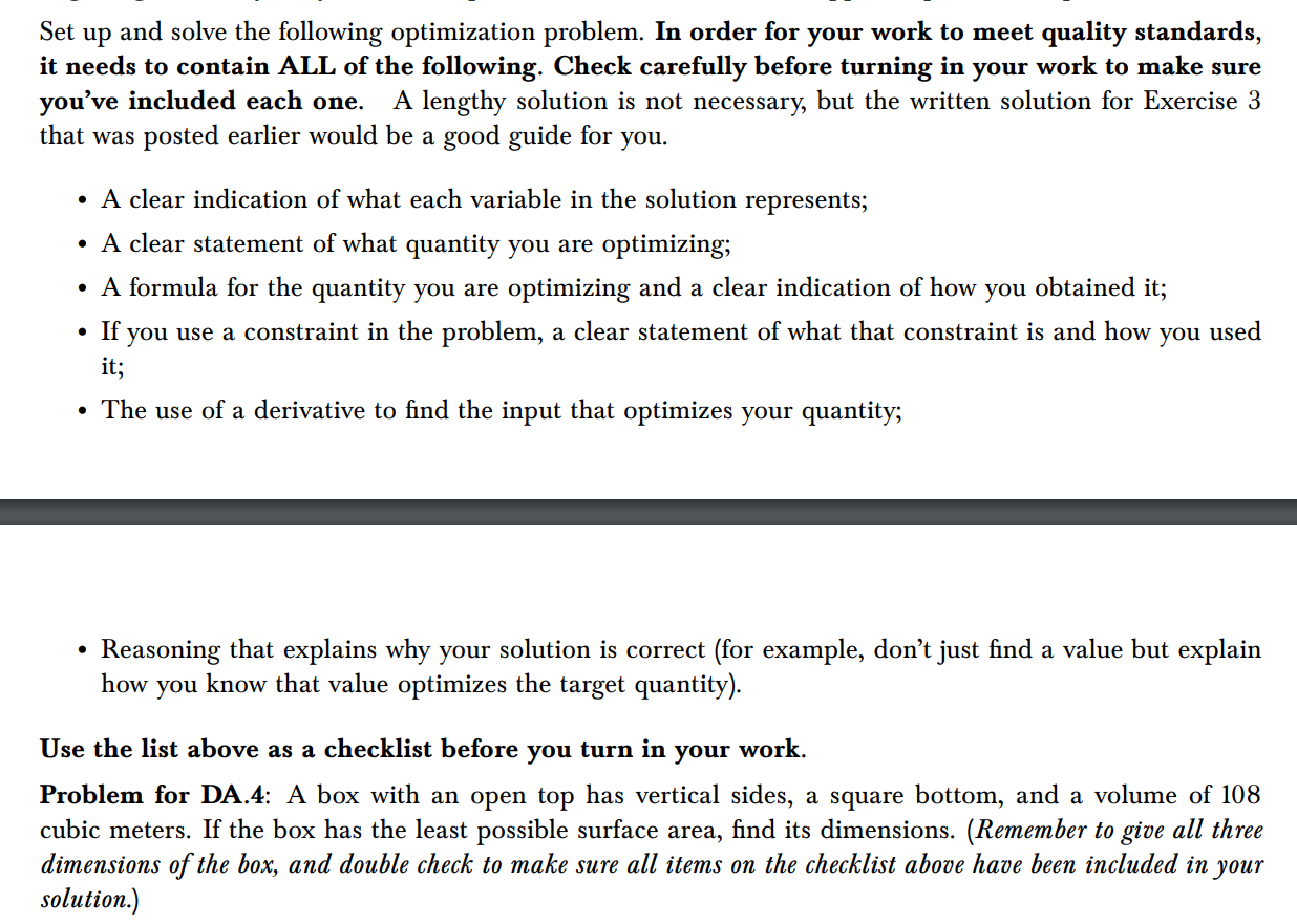 Solved Set up and solve the following optimization problem. | Chegg.com