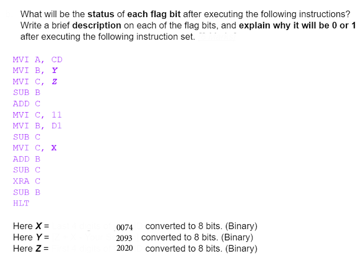 Solved What will be the status of each flag bit after | Chegg.com