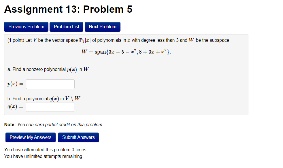 Solved Assignment 13: Problem 4 Previous Problem Problem | Chegg.com