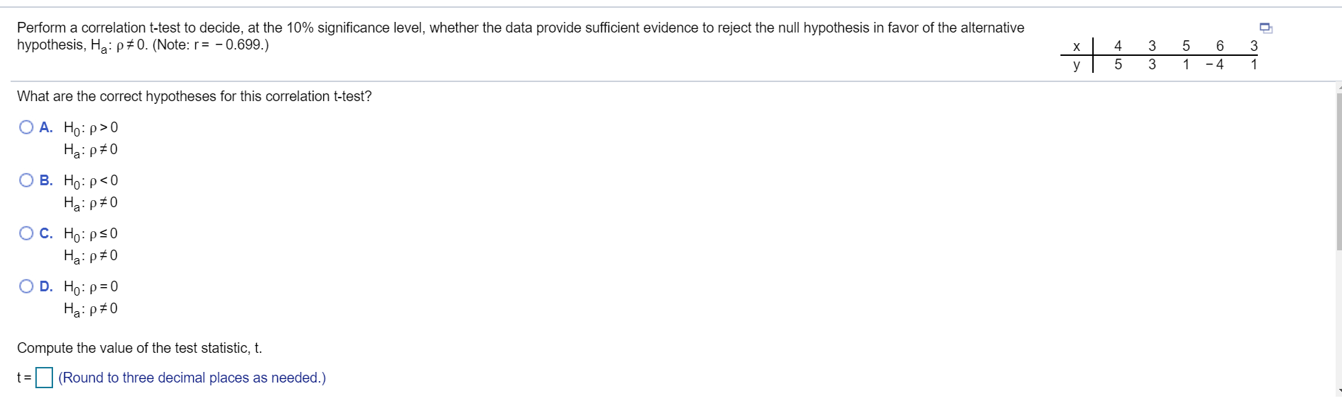 Solved Perform a correlation t-test to decide, at the 10% | Chegg.com