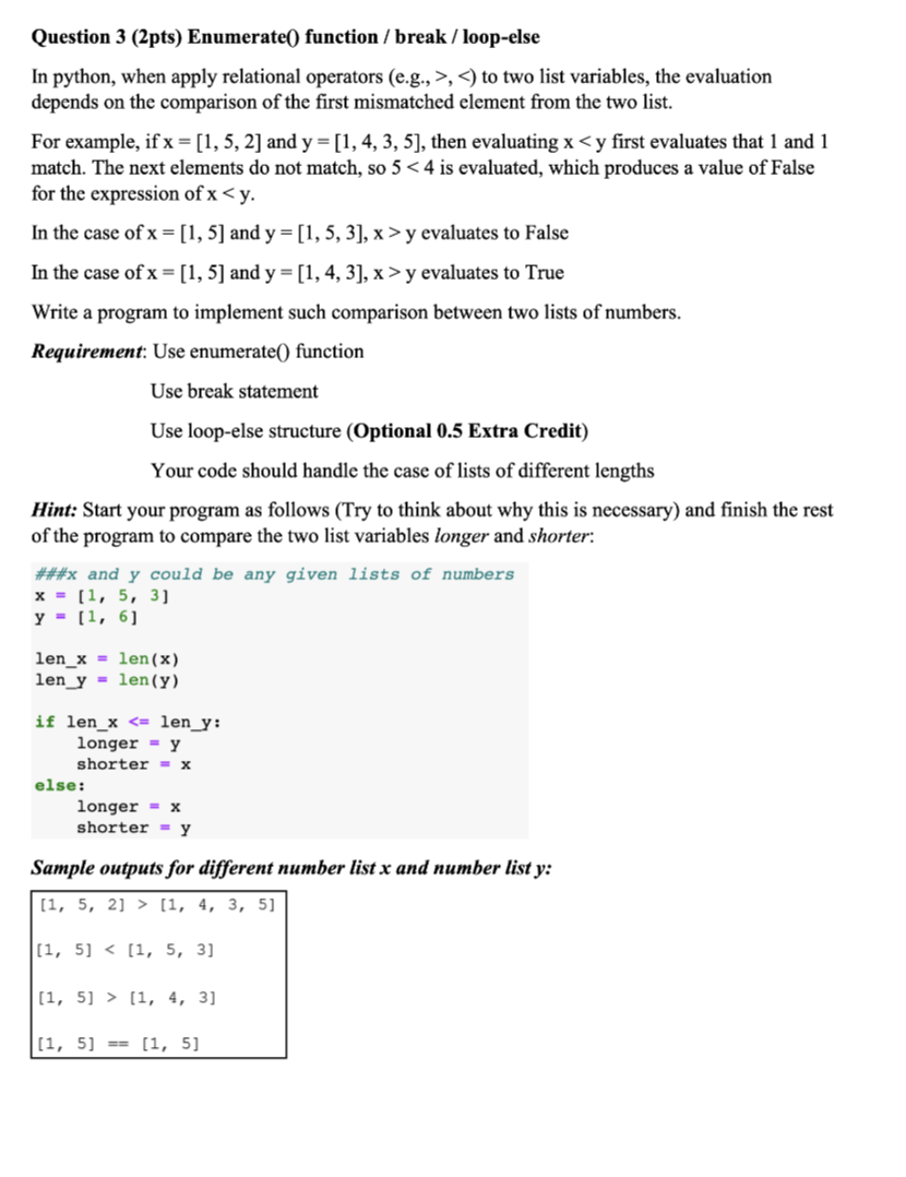 Solved Question 3 (2pts) Enumerate() function / break / | Chegg.com