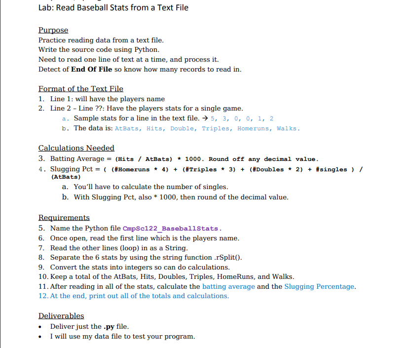 Solved Lab: Read Baseball Stats from a Text File Purpose | Chegg.com