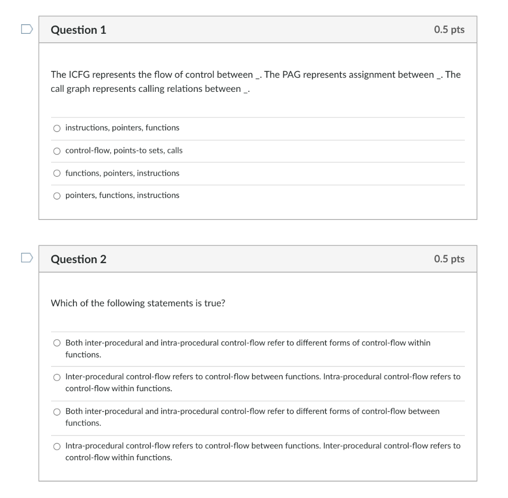 Solved u Question 1 0.5 pts The ICFG represents the flow of | Chegg.com