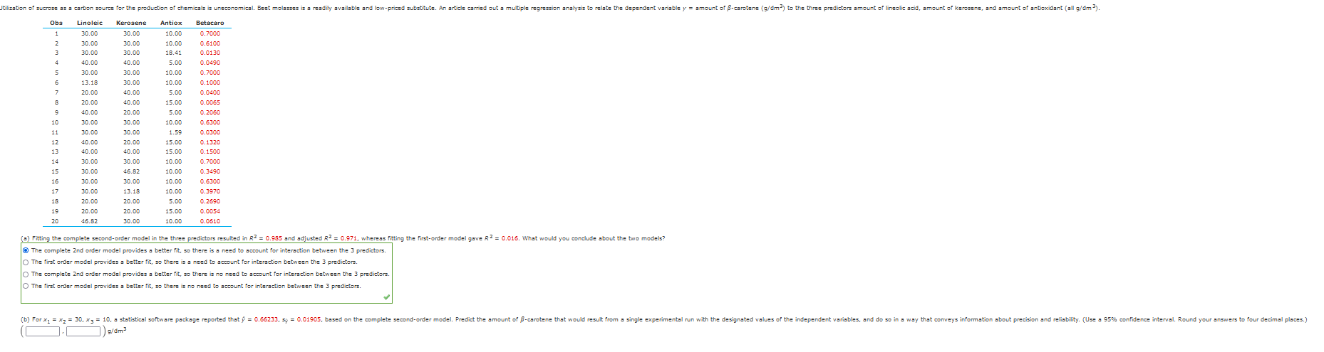 (a) Fitting the complete second-order model in the | Chegg.com