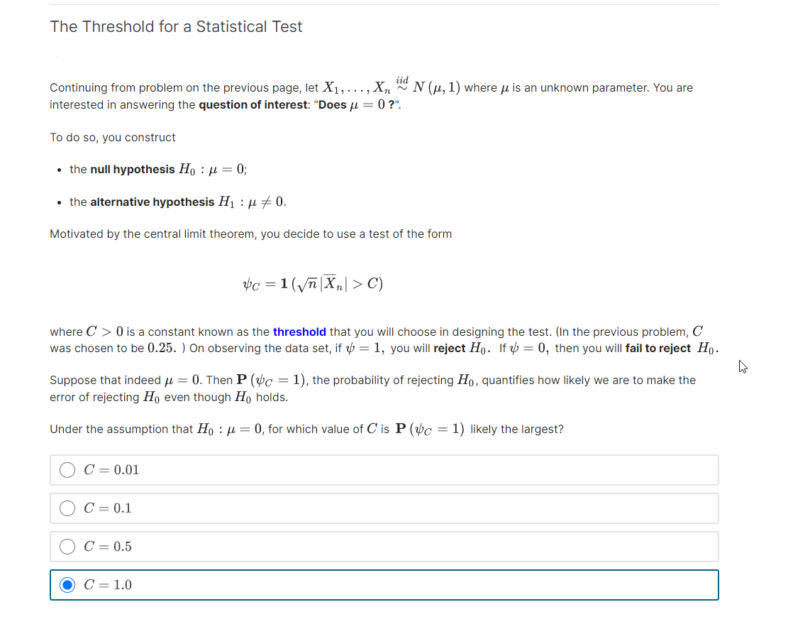 Solved The Threshold for a Statistical Test Continuing from | Chegg.com