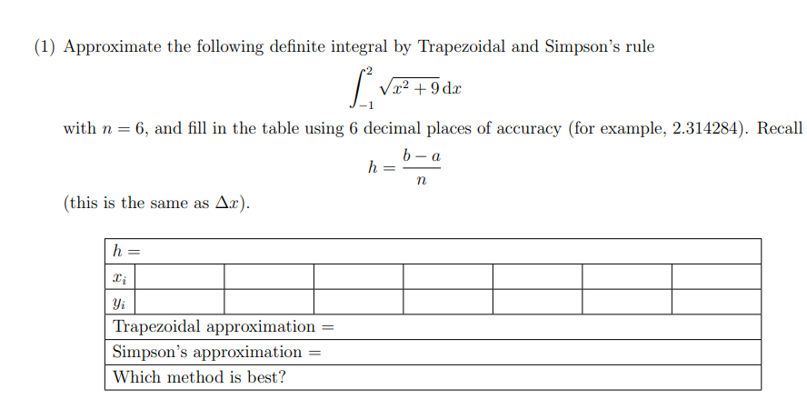 Solved (1) Approximate the following definite integral by | Chegg.com