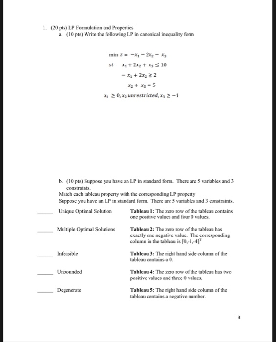 1. (20 pts) LP Formulation and Properties a. (10 pts) | Chegg.com