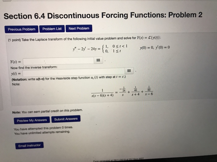 Solved Section 6.4 Discontinuous Forcing Functions: Problem1 | Chegg.com