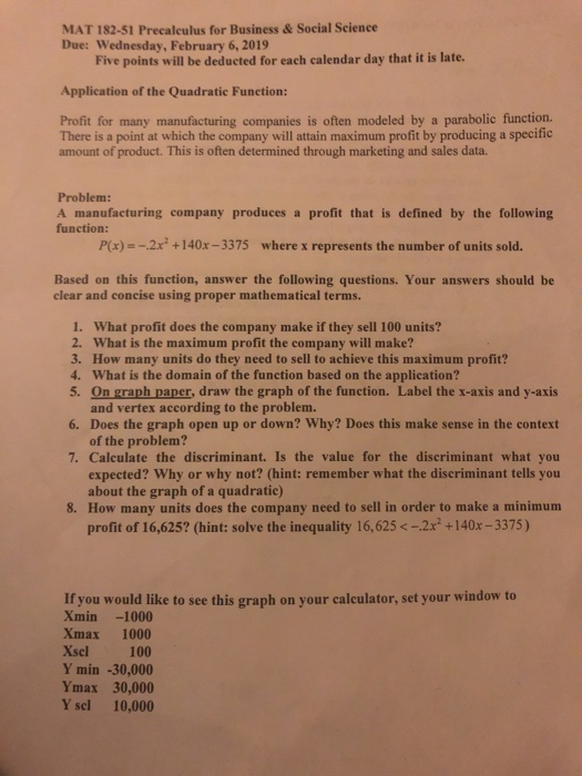 Solved MAT 182-51 Precalculus for Business & Social Science | Chegg.com