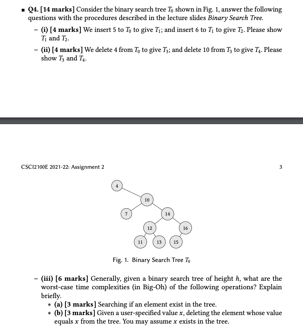 Solved • Q4. [14 marks] Consider the binary search tree To | Chegg.com