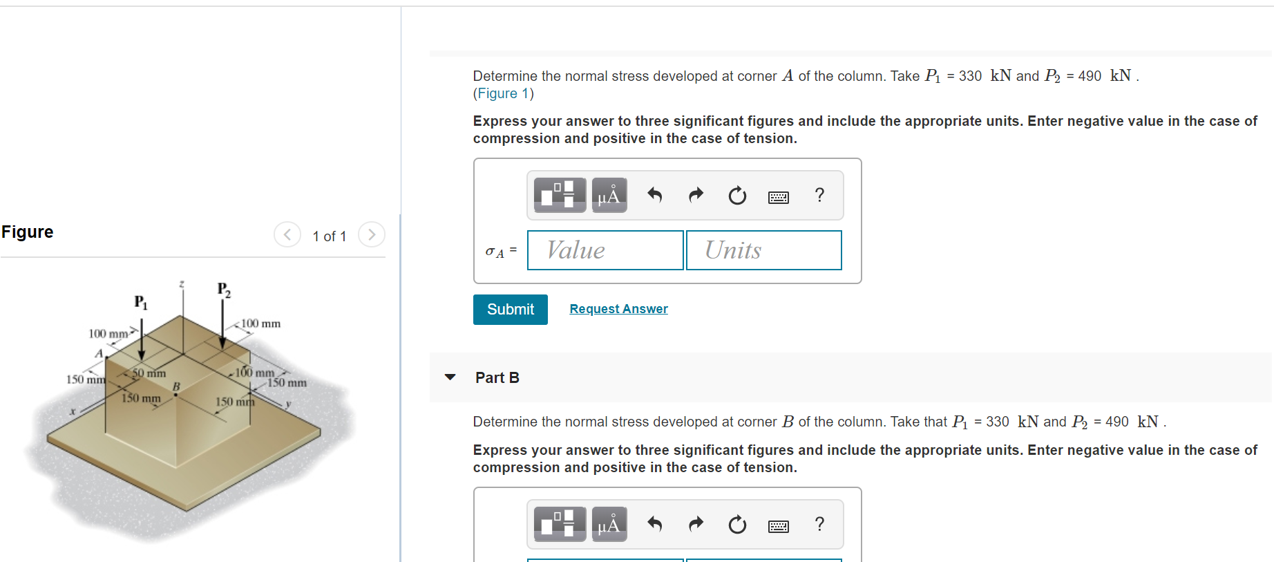 Solved Determine the normal stress developed at corner A of | Chegg.com