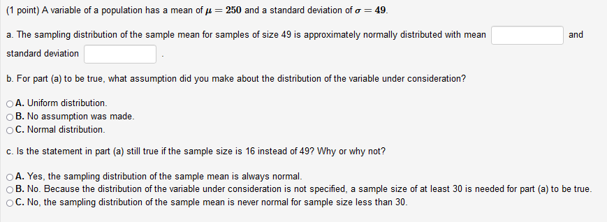 Solved ( 1 point) A variable of a population has a mean of | Chegg.com