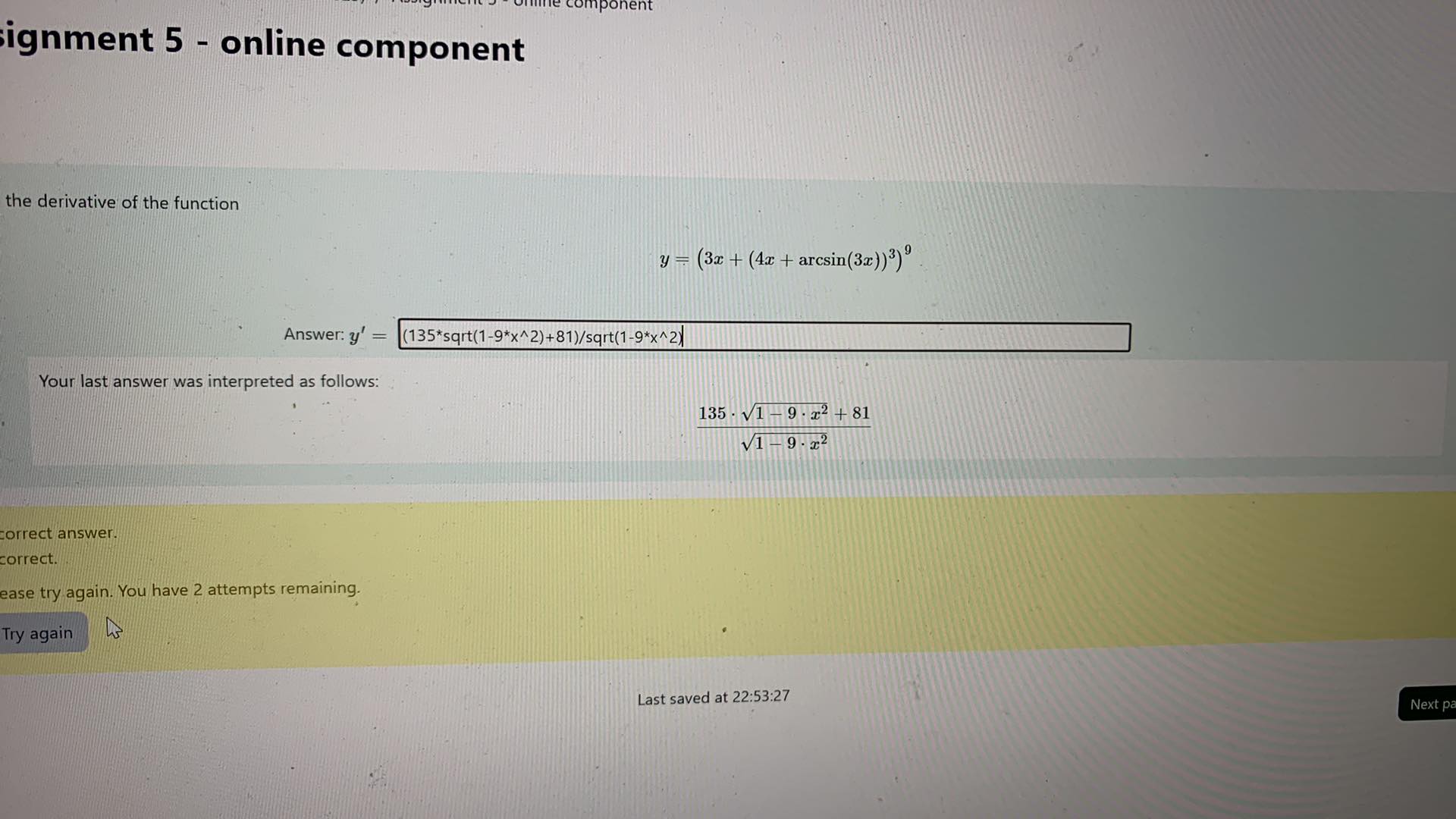 Solved ignment 5 - online component the derivative of the | Chegg.com