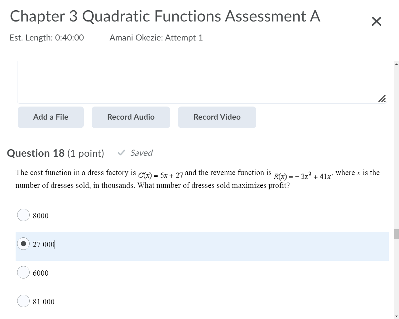 Solved Chapter 3 Quadratic Functions Assessment A Х Est. | Chegg.com