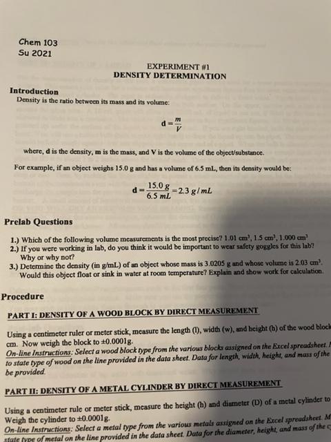 Solved Chem 103 Su 2021 EXPERIMENT #1 DENSITY DETERMINATION | Chegg.com