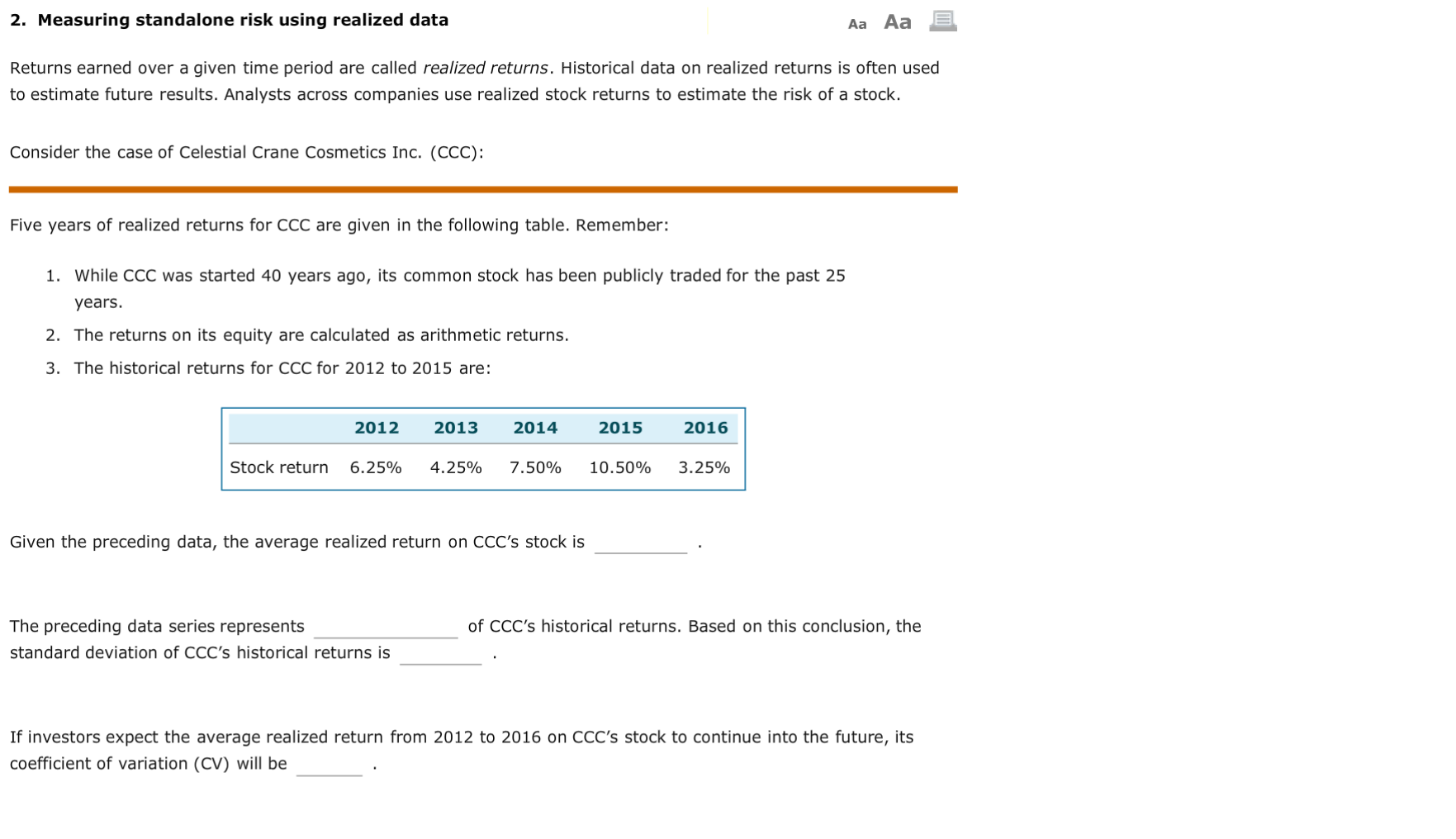 Solved 2. Measuring standalone risk using realized data Aa | Chegg.com