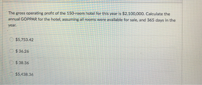 Solved The gross operating profit of the 150-room hotel for | Chegg.com