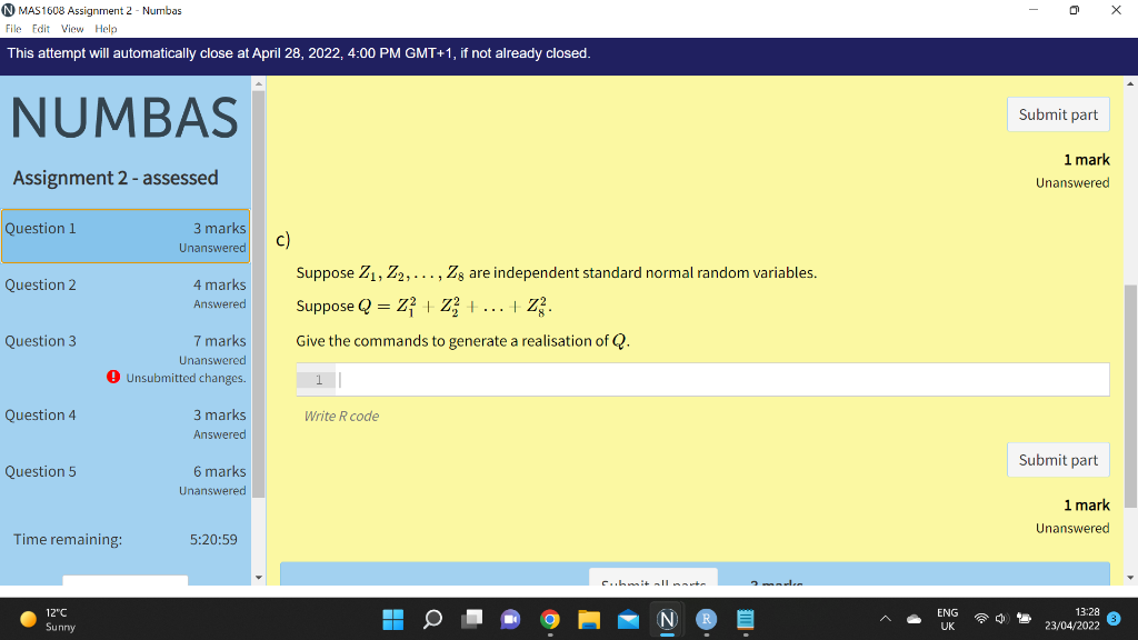 MAS1608 Assignment 2 - Numbas File Edit View Help | Chegg.com