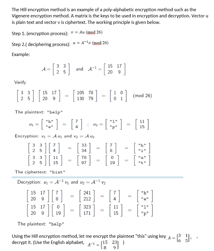 Solved The Hill encryption method is an example of a | Chegg.com