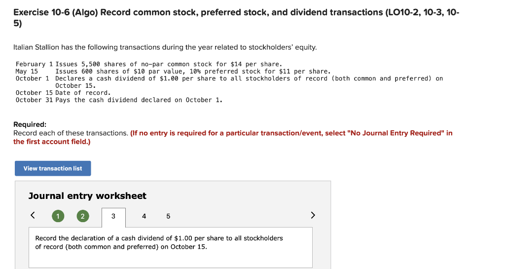 Solved Exercise 10-6 (Algo) Record common stock, preferred | Chegg.com