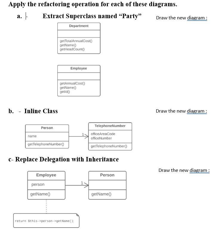 Solved Apply the refactoring operation for each of these | Chegg.com