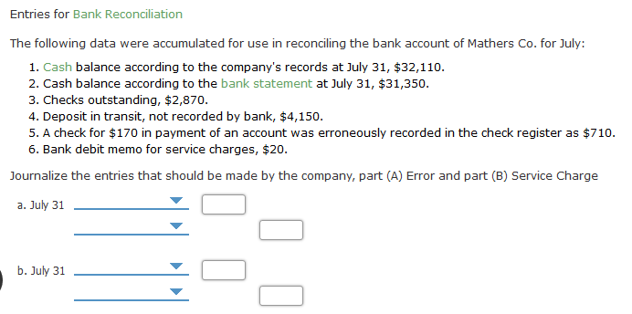 Solved Entries for Bank Reconciliation The following data | Chegg.com