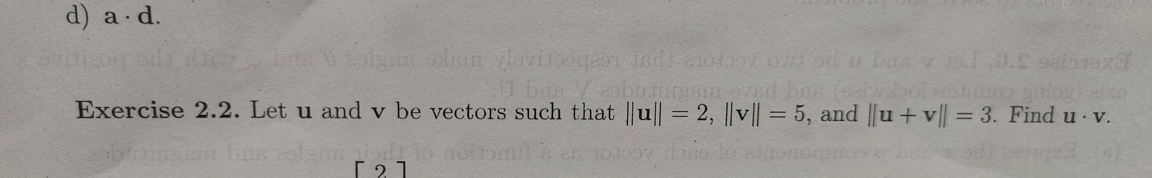 Solved d) a⋅d. Exercise 2.2. Let u and v be vectors such | Chegg.com