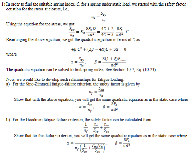 Solved 1) In order to find the suitable spring index, C, for | Chegg.com