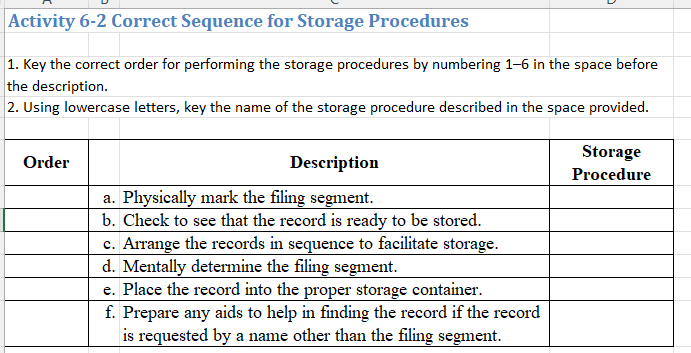Solved Activity 6-2 ﻿Correct Sequence for Storage | Chegg.com