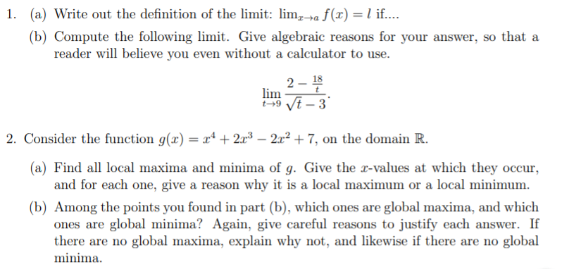 Solved 1. (a) Write out the definition of the limit: lim na | Chegg.com