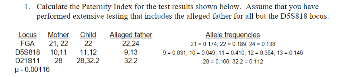 Solved Calculate the Paternity Index for the test results | Chegg.com