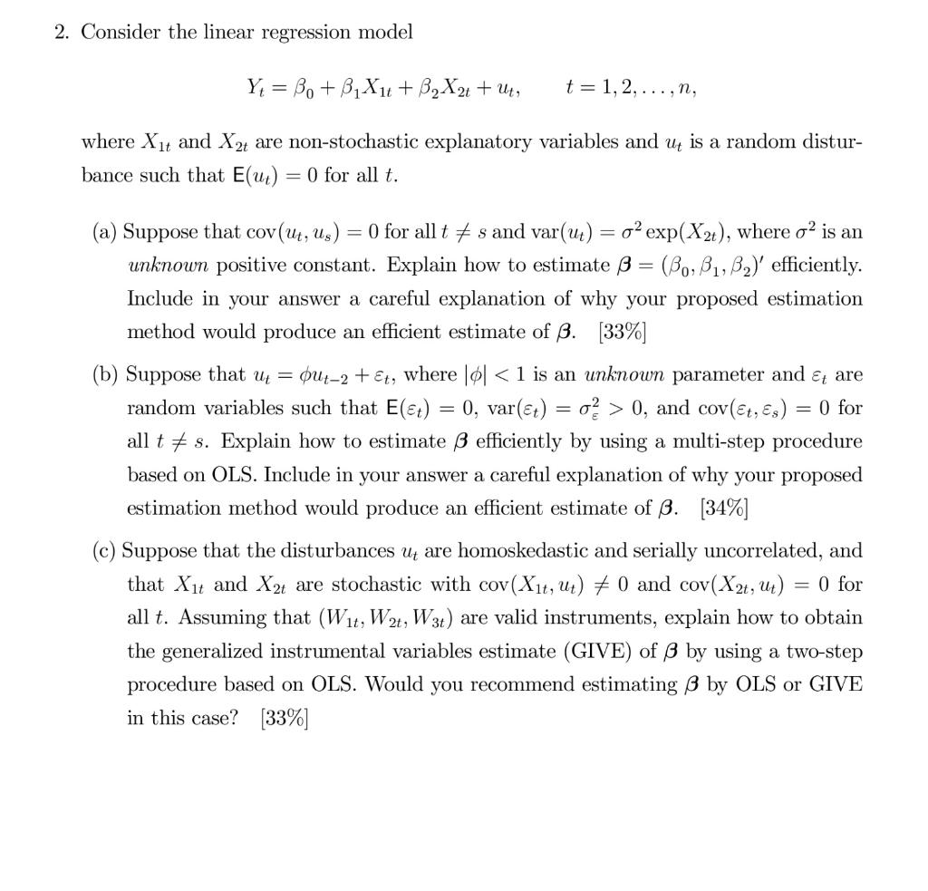 2. Consider the linear regression model Yi = Be + | Chegg.com