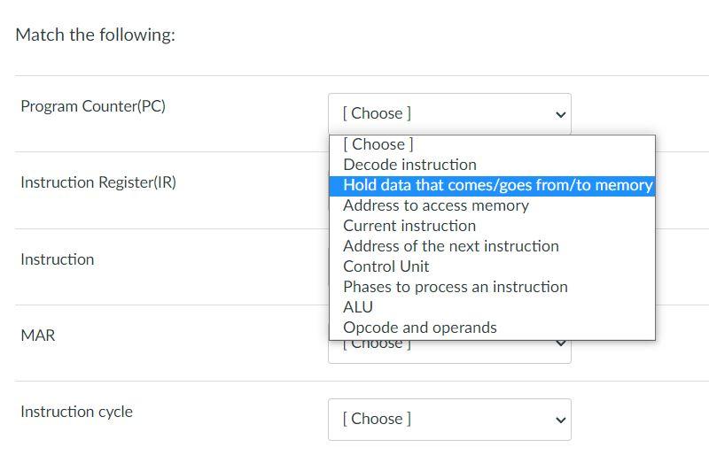 Solved Match the following: Program Counter(PC) Instruction | Chegg.com