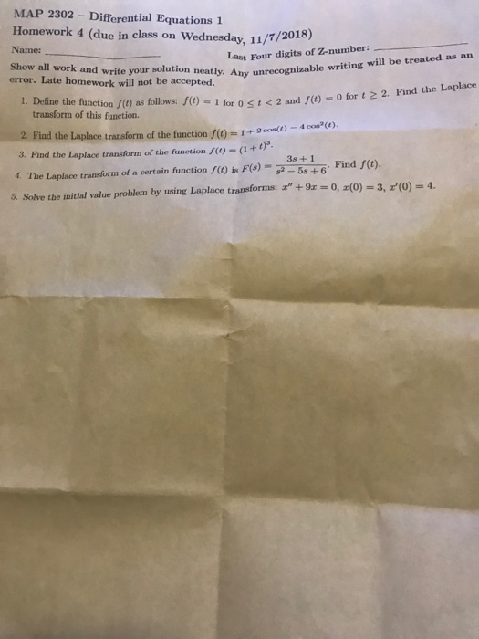 Solved MAP 2302 - Differential Equations 1 Homework 4 (due | Chegg.com