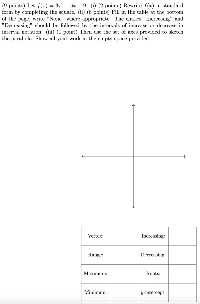 Solved (9 points) Let f(x)=3x2+6x−9. (i) (2 points) Rewrite | Chegg.com