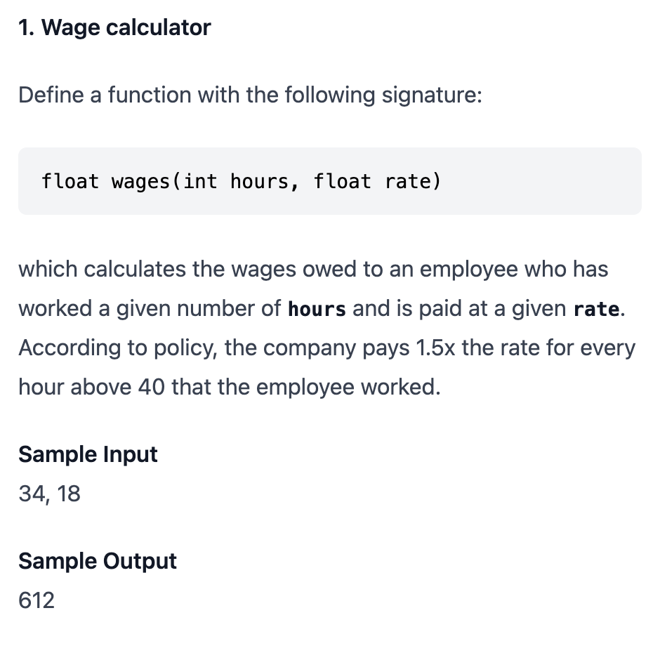Solved 1. Wage calculator Define a function with the | Chegg.com
