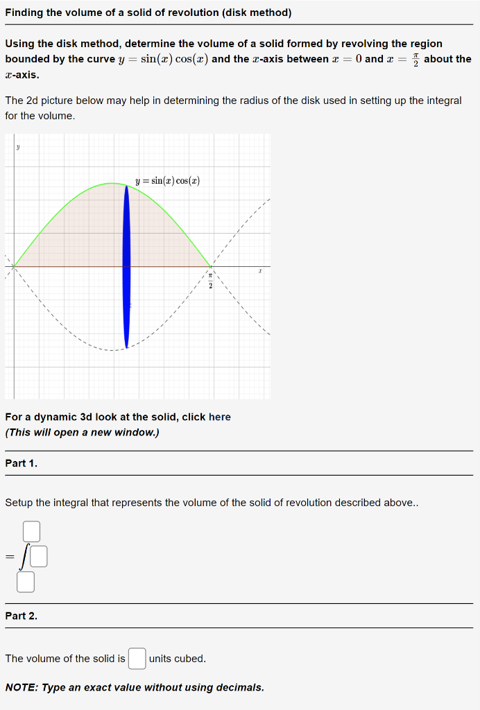 Solved Using the disk method, determine the volume of a | Chegg.com