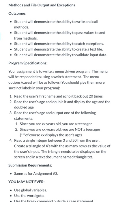 Solved Methods and File Output and Exceptions Outcomes: • | Chegg.com
