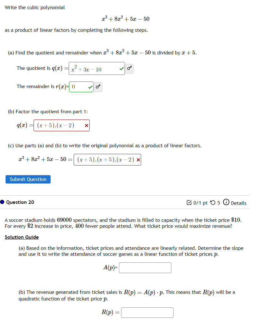 Solved Write the cubic polynomialx3+8x2+5x-50as a product of | Chegg.com