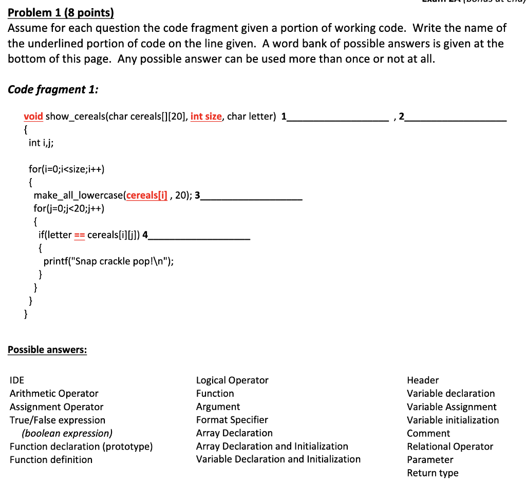 Solved Problem 1 (8 points) Assume for each question the | Chegg.com