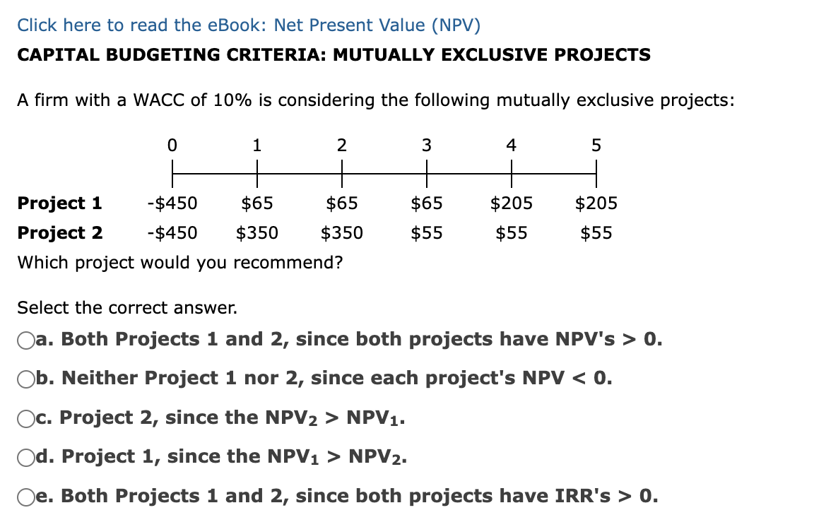 Solved CAPITAL BUDGETING CRITERIA: MUTUALLY EXCLUSIVE | Chegg.com