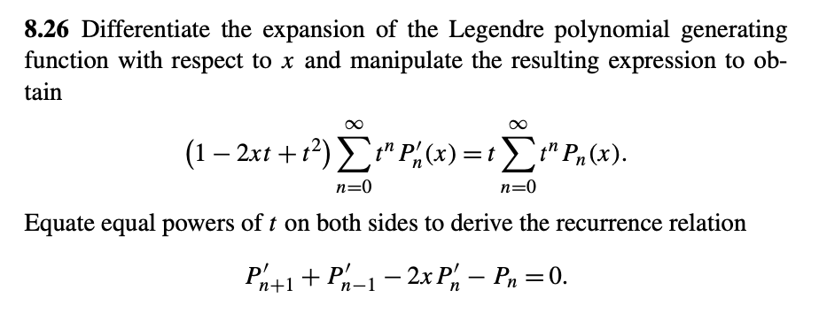 Solved 8.26 Differentiate the expansion of the Legendre | Chegg.com